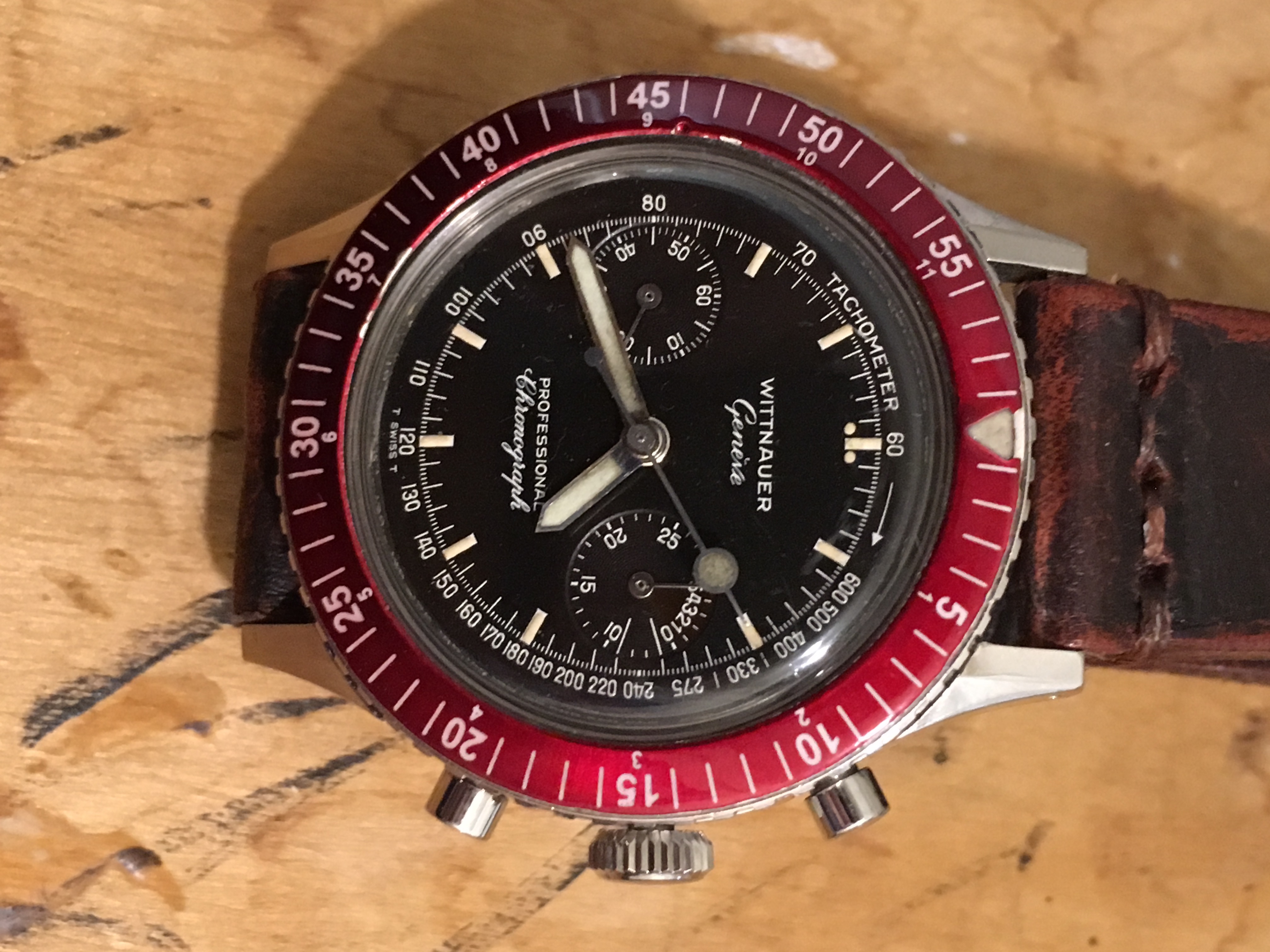 Vintage Wittnauer chronograph watch with red rotating bezel
